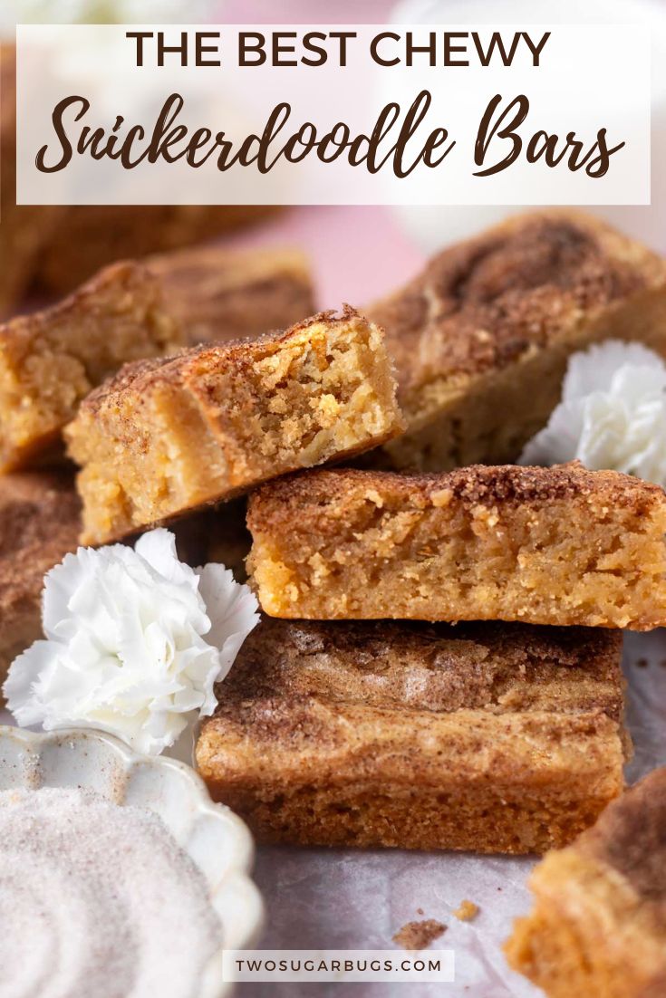 Soft and Chewy Snickerdoodle Cookie Bars ~ two sugar bugs